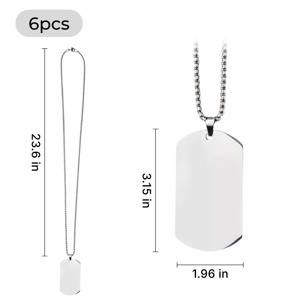 Collier pendentif militaire en acier inoxydable argenté (6 pièces)